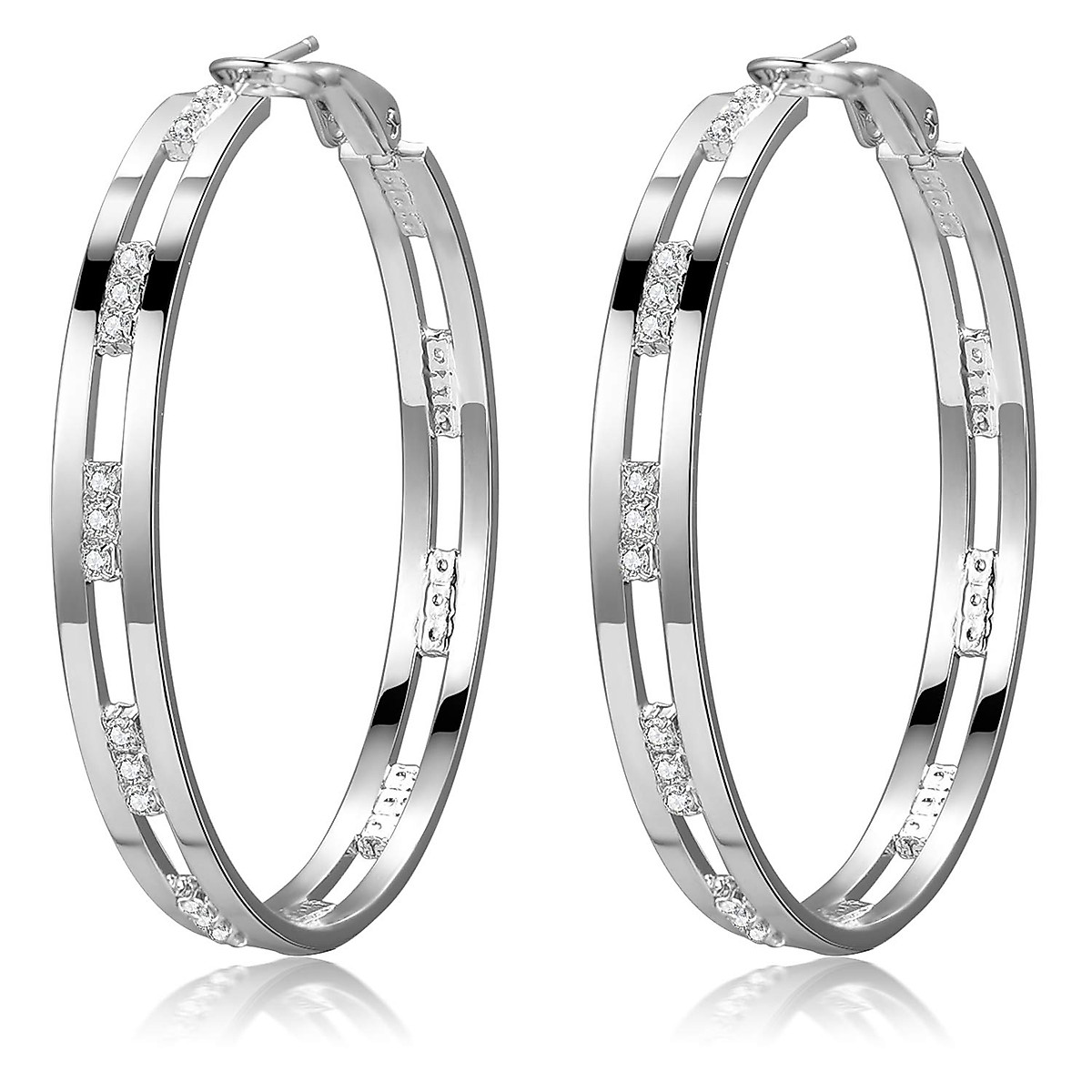 GANADARA Cubic Zirconia Hoop Earrings for Women - 14K Gold Plated 925 Sterling Silver Shiny Wide Round Hoop Earrings (Silver)