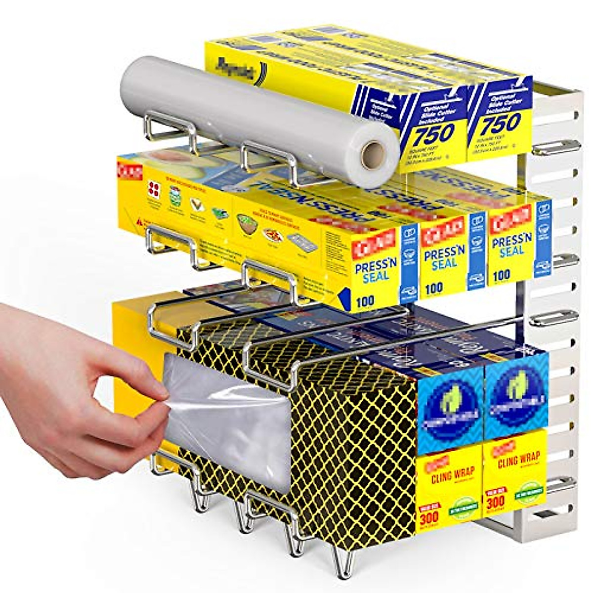 Vdomus Kitchen wrap Organizer Rack, Adjustable Wrap Stand for Kitchen Cabinet Tin foil, Sandwhich Bags, Saran Wrap Kitchen Organizer for Storage, Silver