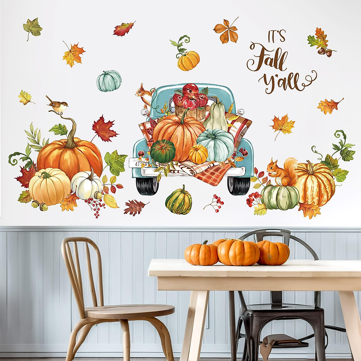 wondever Fall Thanksgiving Pumpkin Wall Stickers Autumn Leaves Truck Peel and Stick Wall Art Decals for Kitchen Dining Room Bedroom