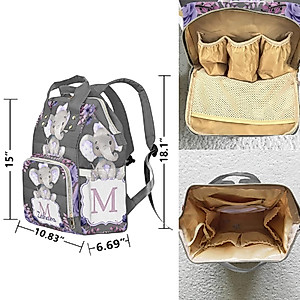 Violet Floral Elephant Monogarm Personalized Diaper Backpack with Name,Custom Travel DayPack for Nappy Mommy Nursing Baby Bag One Size