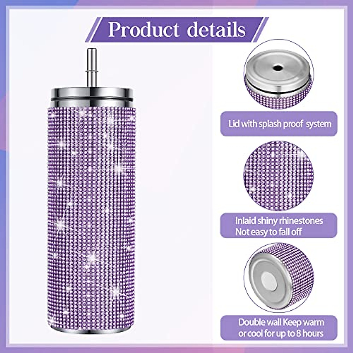 2 Pcs Bling Tumbler 20oz Rhinestone Cup Glitter Diamond Bottle with Lid and Straw Rhinestones Stainless Steel Glitter Thermal Water Bottle Diamond Straw Cup for Women (Silver, Purple)