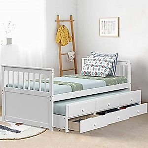 DORTALA Trundle Bed Twin Size, Wooden Daybed w/Trundle and 3 Storage Drawers, No Box Spring Required, Modern Captains Bed for Boys Girls Adults, Great for Bedroom, Guest Room (White, Twin)