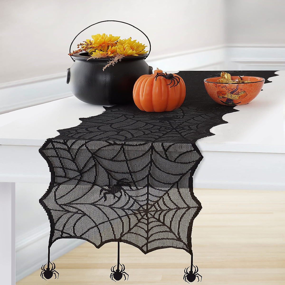 Elrene Home Fashions Crawling Spider Halloween Lace Table Runner and Mantle Scarf, Seasonal Halloween Table Runner, 13" x 70", Black