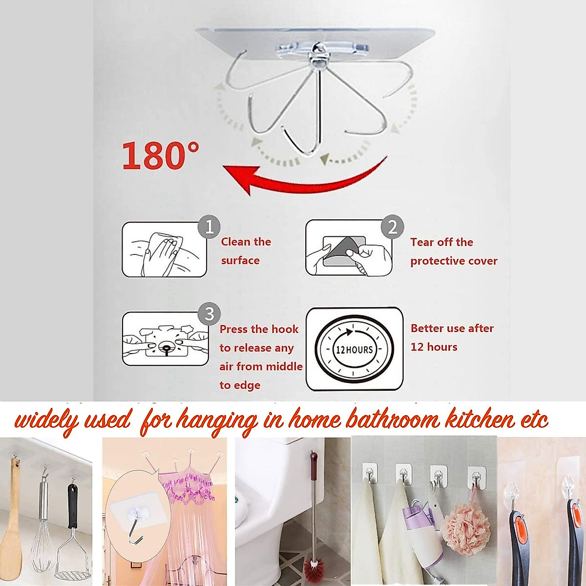 SZYIKUER Heavy Duty Adhesive Hooks 33 lb(Max) 15KG,Waterproof and Oilproof Reusable Seamless Hooks Heavy Duty Wall Hook for Kitchen Bathroom Office (Transparent Small 8 pcs)