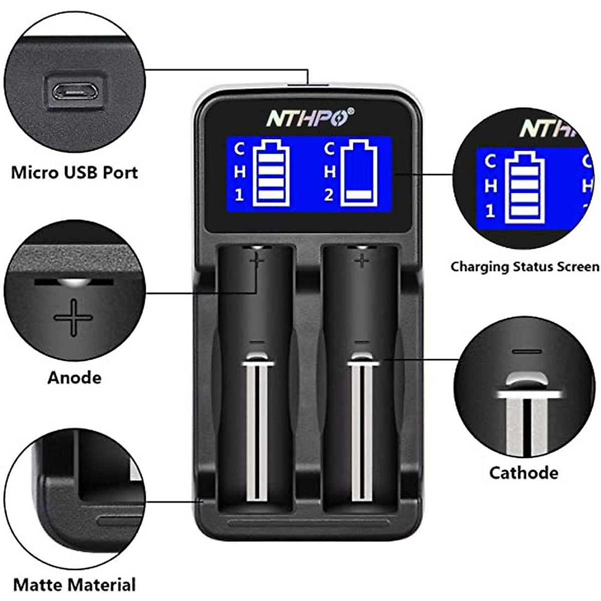 NTHPO Speedy Intelligent Charger, LCD Display Universal Smart Charger for Rechargeable 3.6V/3.7V Li-ion 18650 18490 18350 17670 17500 16340(RCR123) 14500 10440, 1.2V Ni-MH/Ni-CD AA AAA Batteries