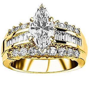 1.85 Carat t.w. GIA Certified Marquise Cut 14K Yellow Gold Channel Set Baguette and Round Diamond Engagement Ring (D-E Color VVS1-VVS2 Clarity Center Stones)