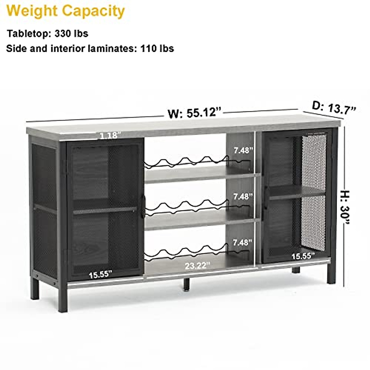 SOSPIRO Bar Cabinet with Wine Rack, LED Lights Industrial Coffee Bar Cabinet for Liquor and Glasses, Liquor Cabinet Bar for Home, Wine Bar Cabinet with Adjustable Shelves (Grey)