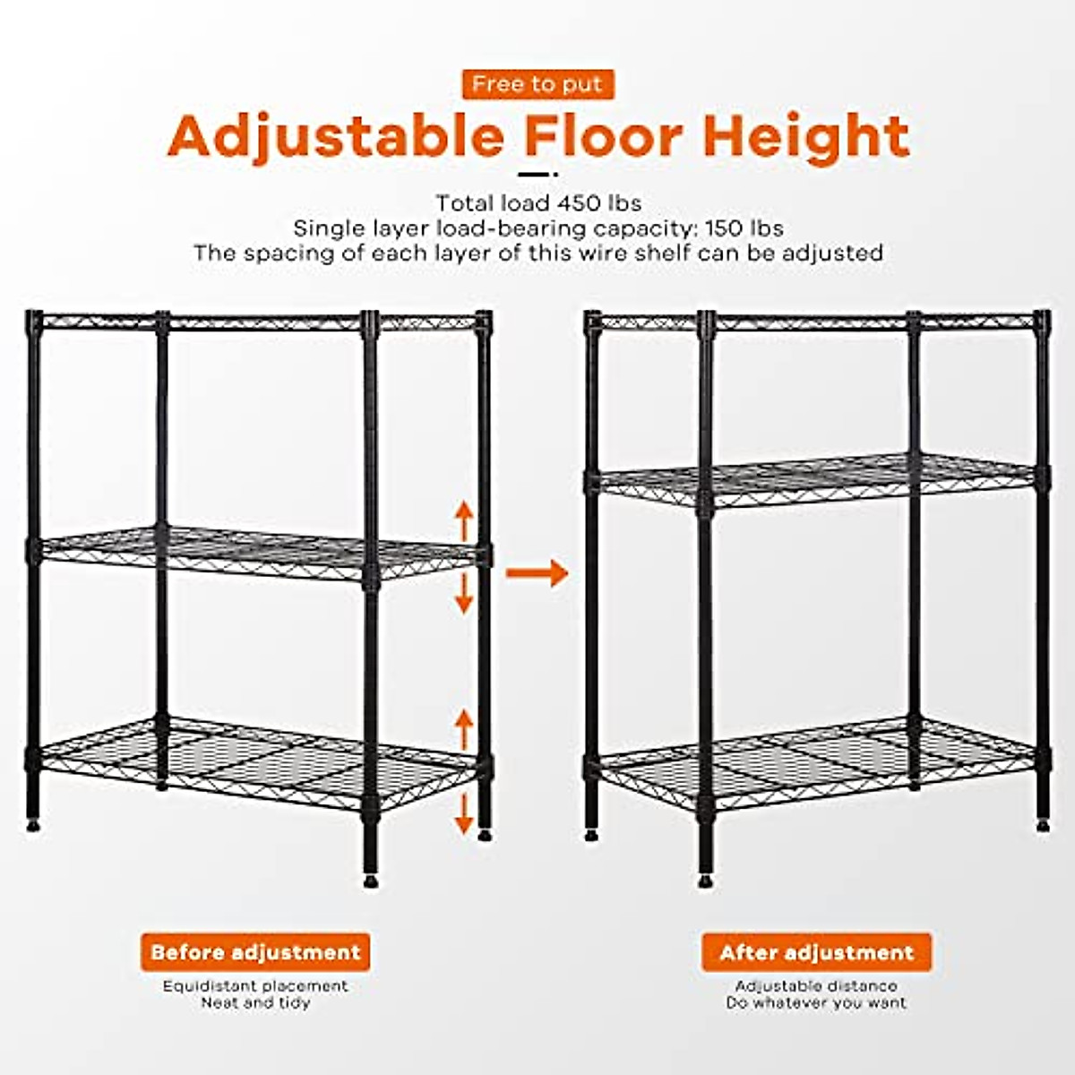 3-Tier Storage Shelves Adjustable, MGHH Wire Shelving Heavy Duty Storage Rack(150 Lbs Loading Capacity/ Shelf) Metal Shelf Organizer Wire Rack Shelf for Pantry Garage Kitchen 23"D x12"W x 30"H -Black