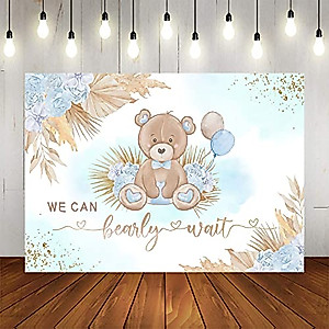 Mocsicka We Can Bearly Wait Backdrop for Boys Boho Chic Blue Flowers Balloons Photography Background Vinyl Boy Lovely Bear Baby Shower Cake Table Decoration Banner (Blue, 7x5ft)