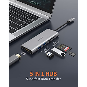 UPGROW USB C to HDMI Hub, Type C 5 in 1 Adapter with 2 USB 3.0 Ports, 4K@30Hz HDMI, SD/TF Card Reader, Compatible with MacBook Pro 2018-2020, ChromeBook, Dell XPS, Surface Go and Other C-Port Laptops