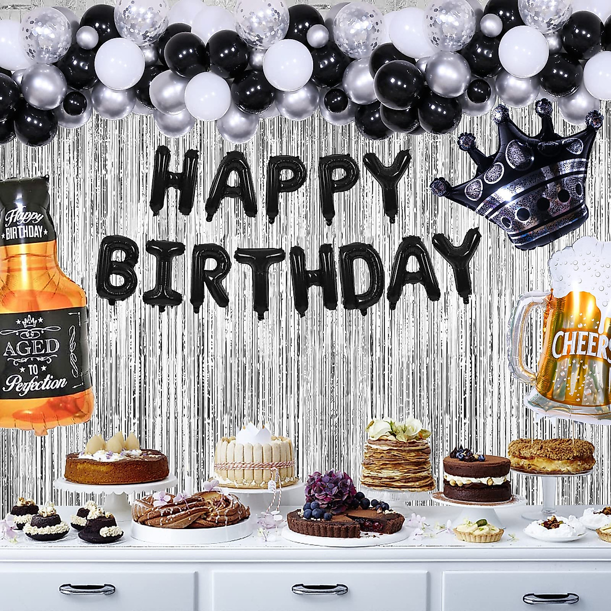 Black and White Birthday Decorations for Men Women Boys Girls 94pcs Black Silver Balloons Arch Garland Kit Party Decorations for Him Her with Happy Birthday Banner Fringe Curtain Whiskey Bottle