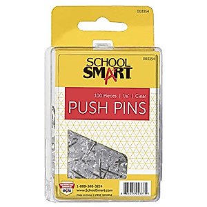 School Smart 003354 Clear Push Pin, 3/8" L (Pack of 100)