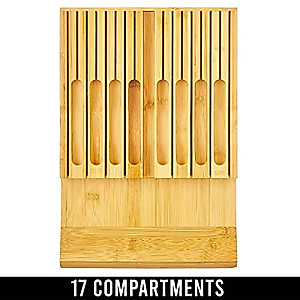 mDesign Bamboo In-Drawer Knife Organizer Holder Storage Block for Kitchen; 16-Slot Cutlery Dock Insert Holds 8 Small Knives, 8 Large Knives and Sharpener - Home Sort Collection - Natural