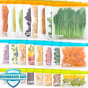Qinline Reusable Food Storage Bags - 24 Pack BPA FREE Flat Freezer Bags(8 Reusable Gallon Bags + 8 Leakproof Reusable Sandwich Bags + 8 Food Grade Kids Snack Bags)