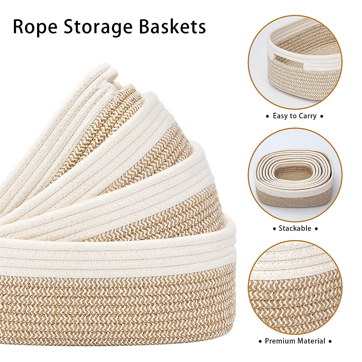 HLWDFLZ 7 Piece Cotton Rope Woven Basket Set - Woven Storage Basket Pets Toy Cotton Rope Basket for Organizing, Small Basket for Montessori, Dog Cat Toy Box, Baby Nursery (Off White/Brown)