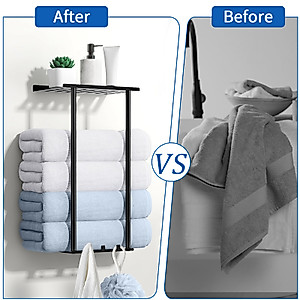 Towel Racks for Bathroom, Metal Wall Mounted Towel Rack Sturdy, Towel Storage for Bathroom Rustproof Towel Holder with Hook, Lavatory Bathroom Storage for Large Towels/Rolled Towels - Black