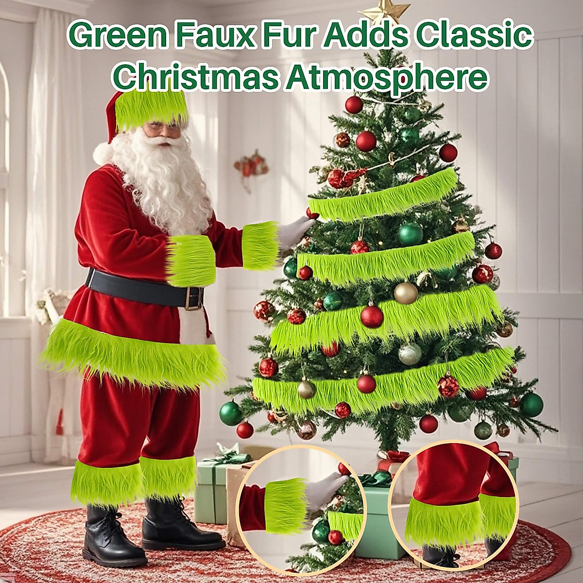 Sukh Shaggy Faux Fur Fabric - 2 x 60 inch Green Faux Fur Trim Precut Fabric Strips Soft Plush Fabric Fur Patches for Fuzzy Craft Christmas Tree Trim Gnome Beard Cosplay Costume, 2 Pack
