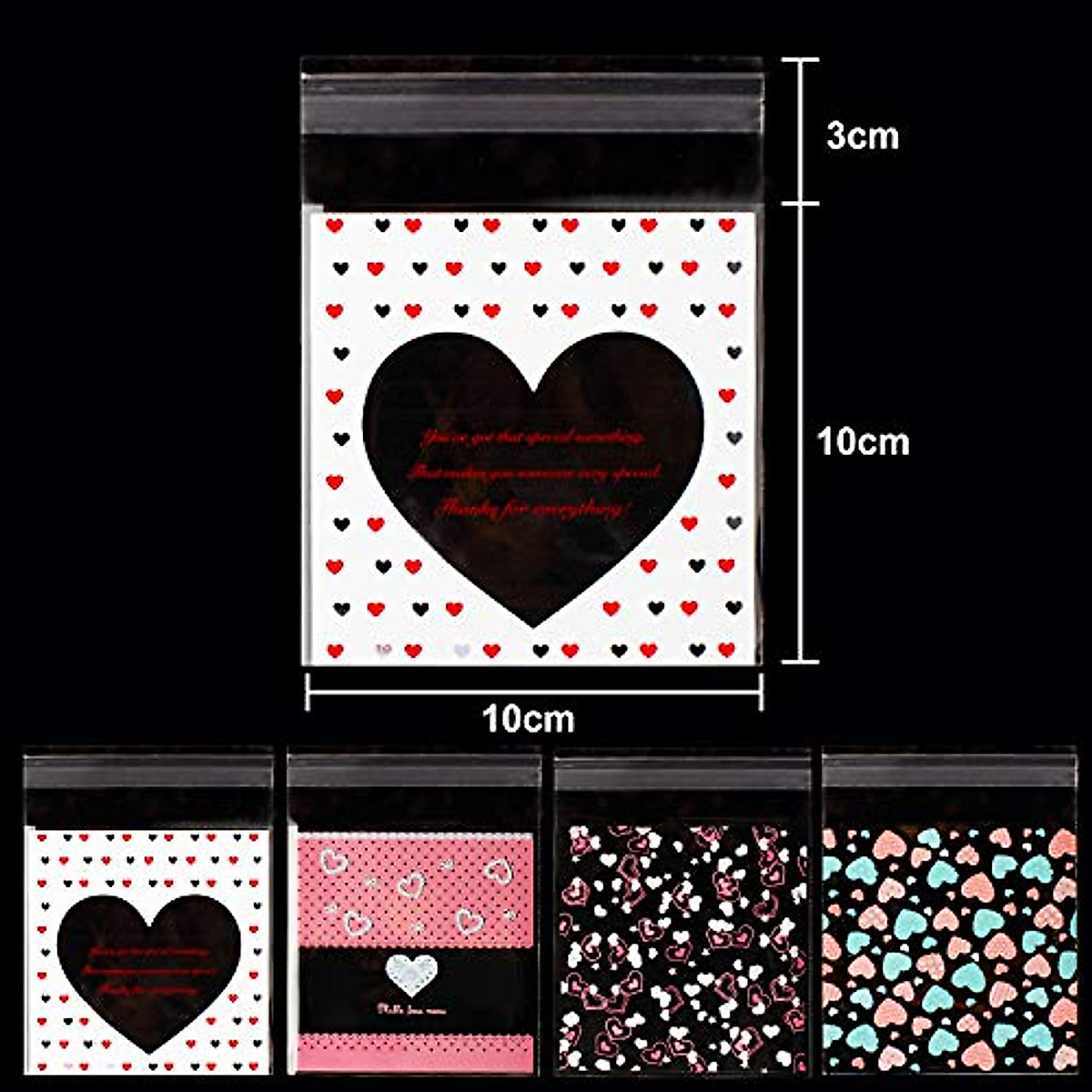 Whaline 400 Pieces Valentine Cellophane Bags Cookie Treat Bags, Heart Self-Adhesive Clear Plastic Candy Bags Party Favor Gifts Goodies Bags, 4 Styles