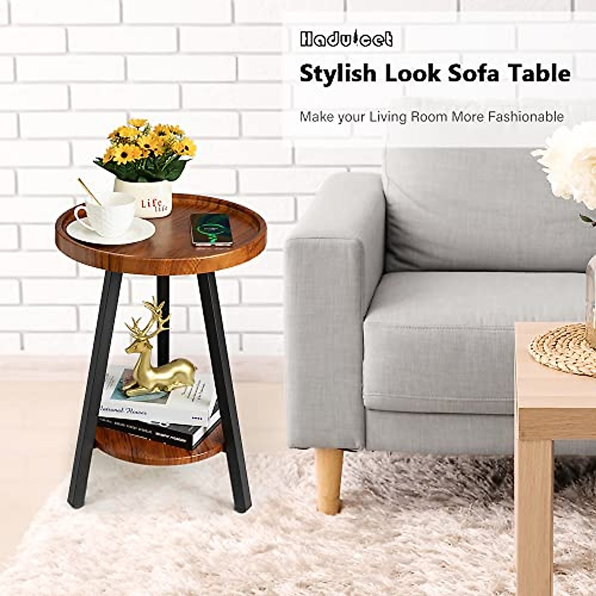 Hadulcet Small End Table with Charging Station, Small Side Table for Small Spaces, Small Nightstand Bedside Table, Small Round Side Tables Bedroom, Small Round End Tables Living Room, Small Table