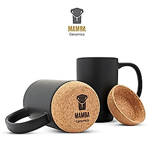 Cork Base Ceramic Mug with Lid (Set of 2) - 17 oz. Oversized Coffee Mugs Set with Removable Insulated Cork Bottom & Spillproof Lids - Great for Tea & Hot Cocoa - Wash in Dishwasher - BLACK