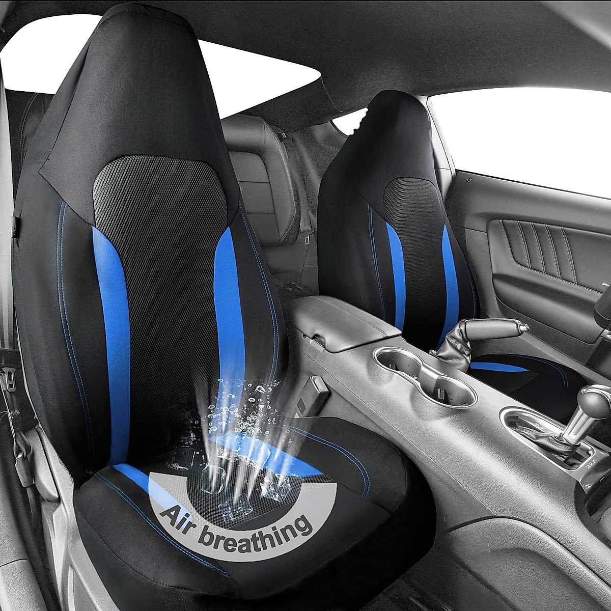 CAR PASS Bucket Car Seat Cover, Breathable 3D Air Mesh-100% Sporty Fabric Front Seats, Airbag Compatible, Universal Fit Auto SUV Truck Sedan Vans Women, High Back Two Front 2 Piece, Black Blue