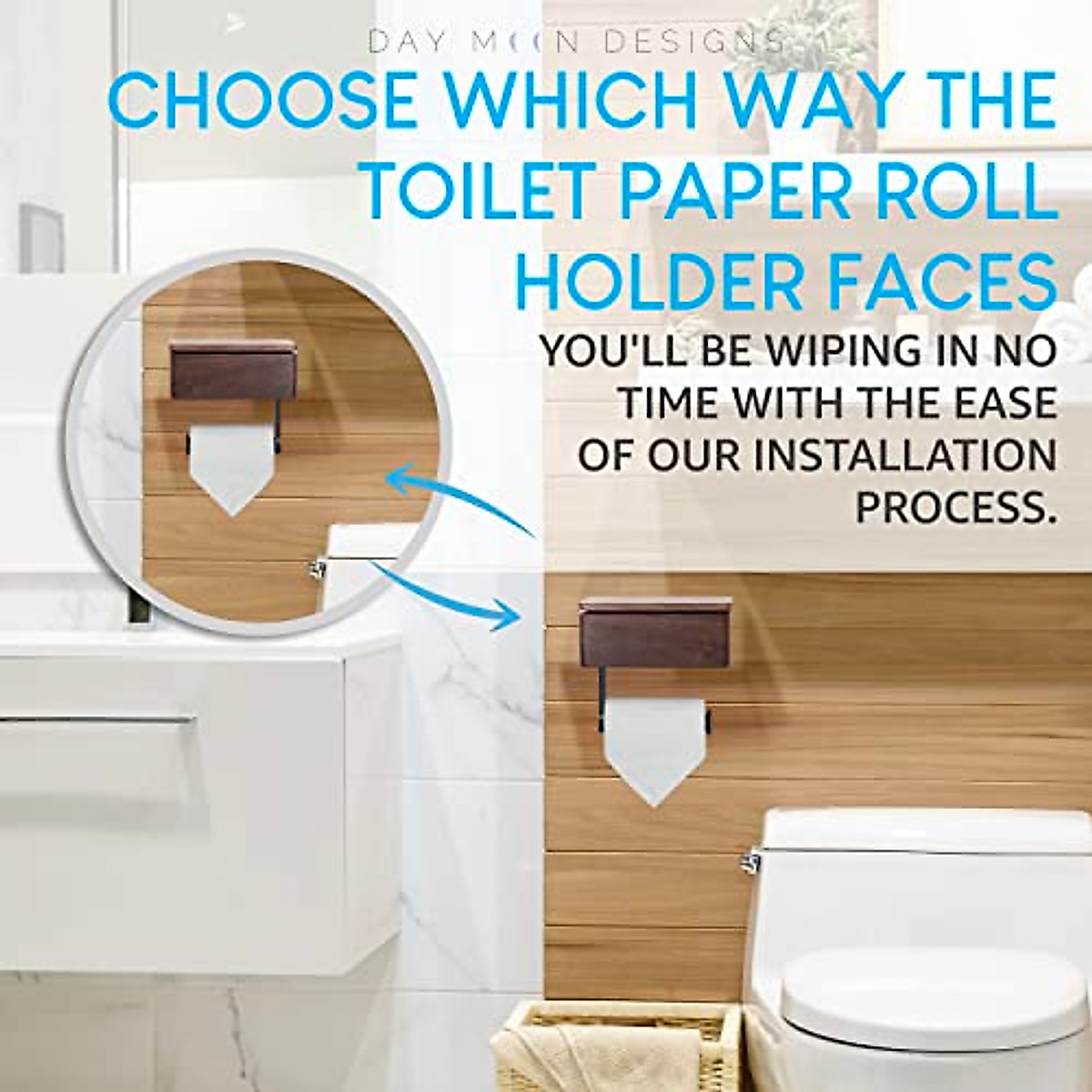 Day Moon Designs Toilet Paper Holder with Shelf - Flushable Wipes Dispenser & Storage Fits Any Bathroom, Keep Your Wet Wipes Hidden - Wooden Wall Mount Bathroom Organizer - Small, Dark Wood