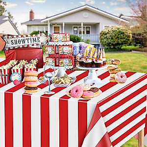 PIXHOTUL 4 Pieces Carnival Table Cloths, Red and White Stripe Tablecloths, Red Plastic Table Cover, Circus Theme Party Decorations for Carnival, Movie Night, Birthday, Christmas, Wedding, 51'' x 86''