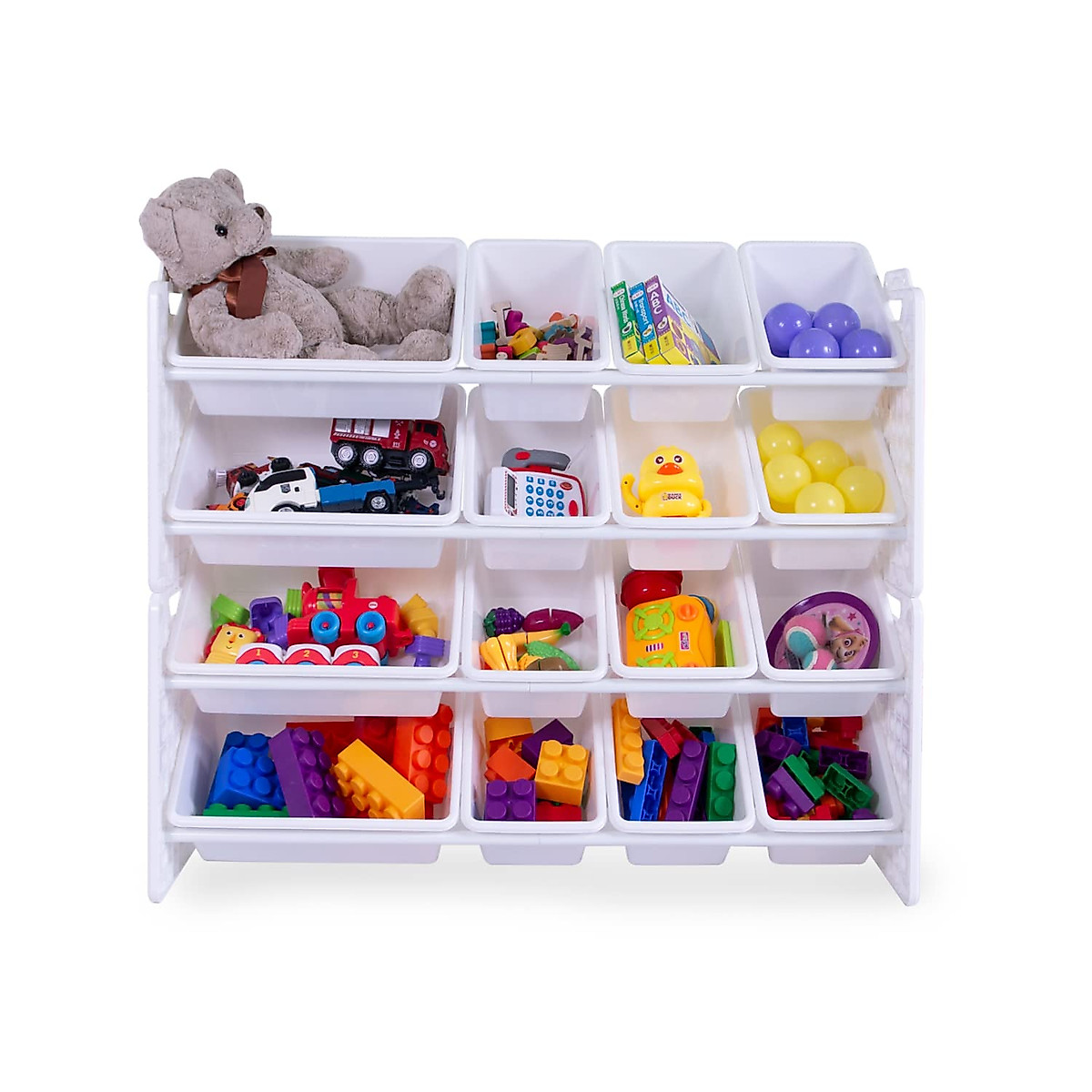 UNiPLAY Toy Organizer with 16 Removable Storage Bins, Multi-Bin Organizer for Books, Building Blocks, School Materials, Toys with Baseplate Board Frame (White)