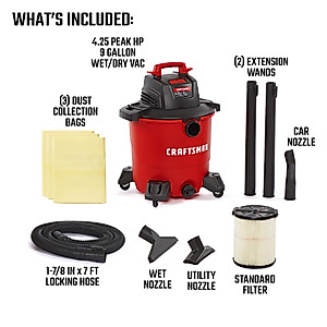 CRAFTSMAN CMXEVBE17590 9 Gallon 4.25 Peak HP Wet/Dry Vac, Portable Shop Vacuum with Attachments and Additional Dust Collection Bags