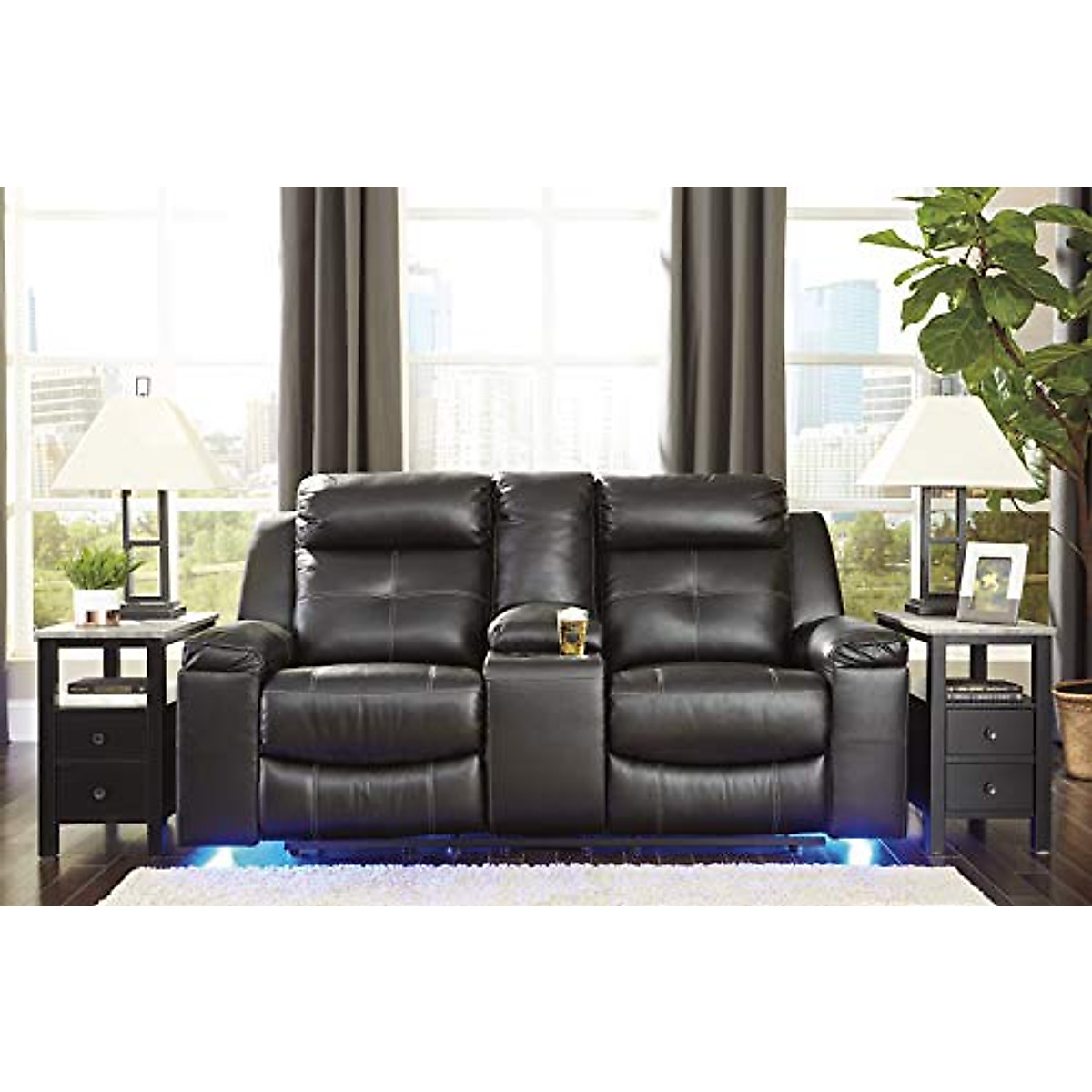 Signature Design by Ashley Kempten Faux Leather Manual Reclining Sofa with High Back, Center Console and Blue LED Lighting, Black