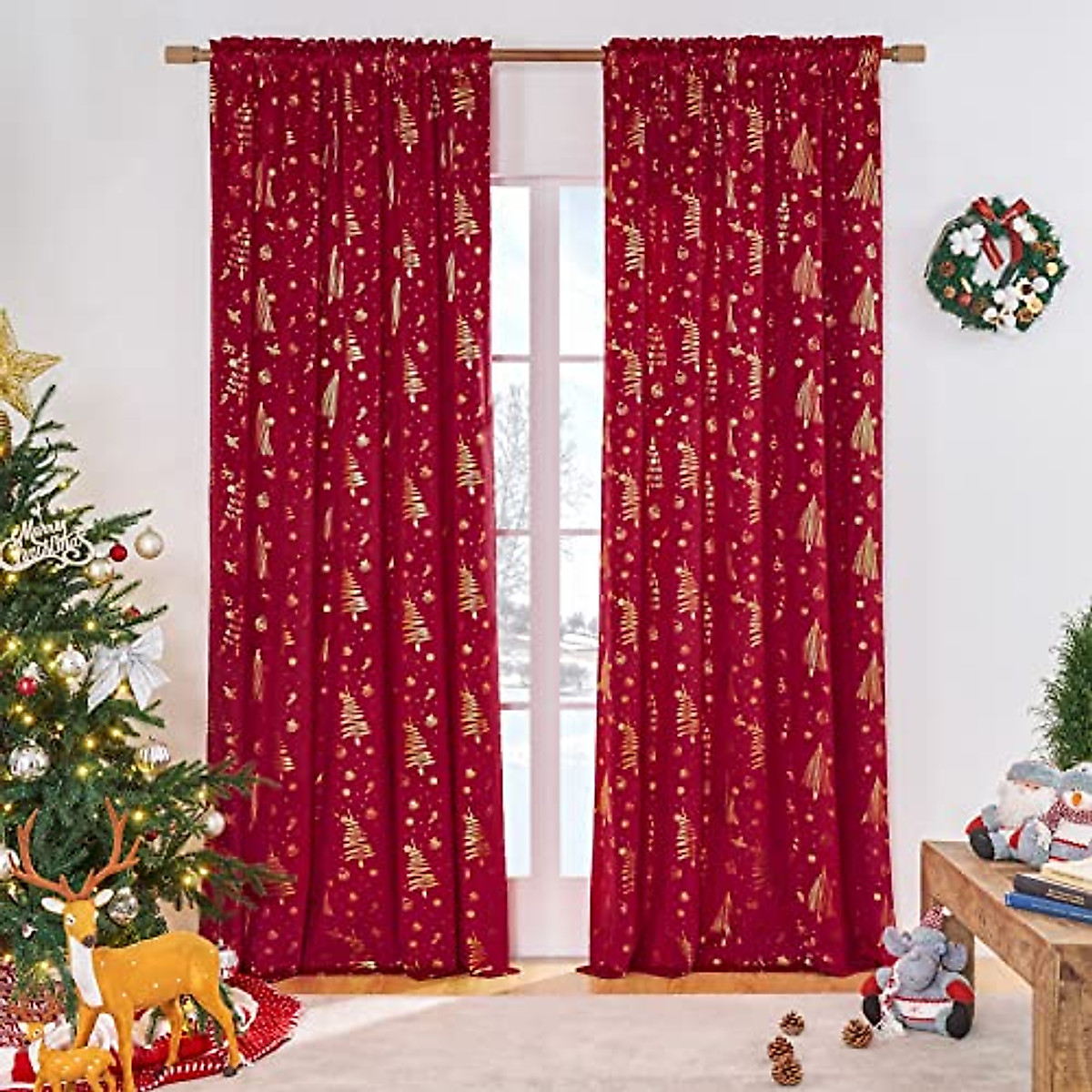 Topfinel Red Foil Print Velvet Curtains for Living Room and Bedroom - Thermal Insulated Blackout Curtains, Noise Reducing Window Drapes,Christmas and Party Decorations 52 x 108 Inches Long, 2 Panels