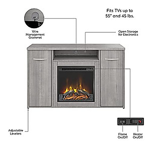 Bush Business Furniture Studio C Office Storage Cabinet with Doors and Electric Fireplace, 48W, Platinum Gray