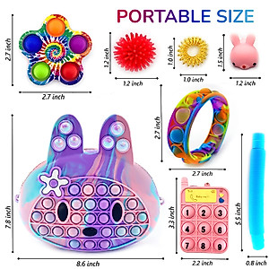 Exun Pop Crossbody Purse Bags Fidget Toy Pack, Premade Easter Basket Stuffers Already Filled, Bunny Shoulder Bag Mini Sensory Toys, 3 4 5 6 7 8 9 10 Year Old Birthday Easter Party Gift for Girls Kids