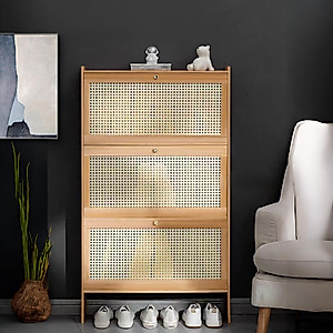 Magshion Narrow Shoe Cabinet for Entryway Slim Thin Bamboo Freestanding Shoe Storage with Flip Drawers for Hallway, Living Room, Bedroom (Natural, 47.5" x 27" x 7")