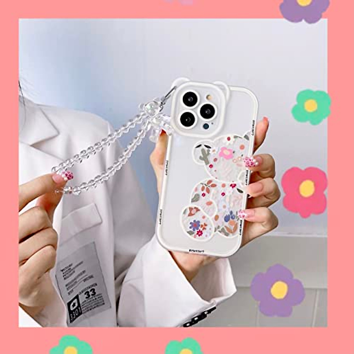 Shinymore for iPhone 13 Pro Max Case,Cute Flowers Bear Camera Protector Clear Case with Lovely Strap Bracelet Chain Girls Women Case for iPhone 13 Pro Max