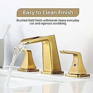 NEWATER Waterfall 8-Inch Widespread Two-Handle Bathroom Sink Faucet Three Hole Lavatory Faucet with Metal Pop-up Drain Assembly & Supply Lines，Brushed Gold
