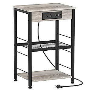 NORCEESAN Nightstand with Charging Station End Table with USB Ports and Power Outlets Side Tables Bedroom with Storage Shelves Industrial End Table 3 Tier (Grey)