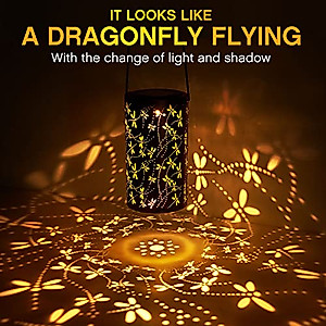 2 Pcs Solar Lanterns Outdoor Hanging, Metal LED Dragonfly Hanging Lantern Lights Dragonfly Gifts for Women Decorative Hollowed Waterproof Retro Garden Night Light Christmas for Patio Backyard Pathway