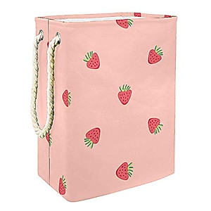 Inhomer Laundry Hamper Strawberry Spring On Pink Collapsible Laundry Baskets Firm Washing Bin Clothes Storage Organization for Bathroom Bedroom Dorm
