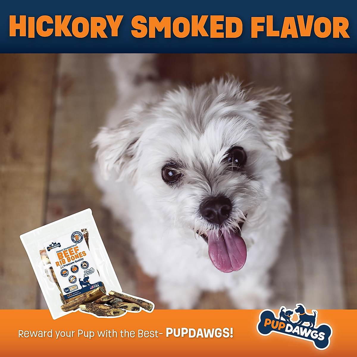 PUPDAWGS Single Ingredient Dog Bones - Made in USA - Small Beef Rib Bones - Natural Dog Bones for Aggressive Chewers - from USDA Inspected Beef - Hickory Smoked - Wrapped in Sets of 5 (15 Piece Pack)