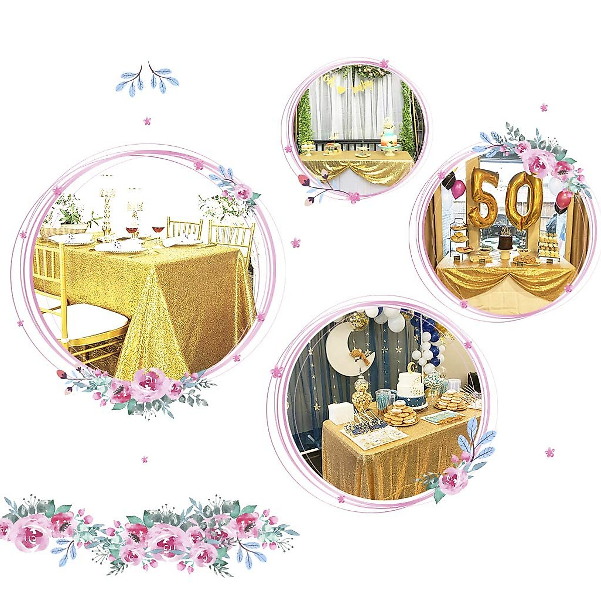 Juya Delight 50" x 80" Bright Gold Rectangle Sequin Tablecloth for Party Dinner Banquet Festival Wedding Anniversary Exhibition Dessert Table