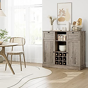 HOSTACK Buffet Sideboard Cabinet, Wine Bar Cabinet with Drawers and Removable Wine Rack, Coffee Bar Storage Cabinet with Shelves for Kitchen, Dining Room, Living Room, Ash Grey