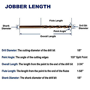 1/8-Inch Cobalt Steel M35 Jobber Length Twist Drill Bits for Hard Metal, Stainless Steel, Pack of 12