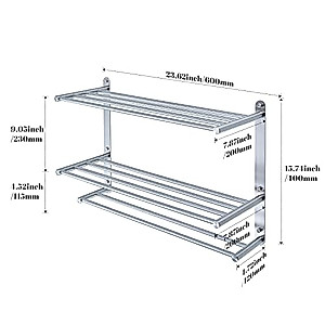 Bathroom Towel Rack 3 Tier with 24-Inch Multilayer Hotel Racks 304 Stainless Steel Towel Bar Shelf Wall-Mounted Brushed Finish Bar withTowel Shelves,3-Tier Bar Mounted Hotel Racks