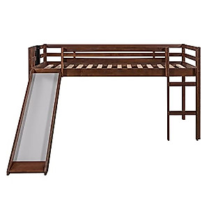 HABUHOME Twin Loft Bed with Slide, Wood Twin Size Loft Bed Frame with Stair and Chalkboard, Bedroom Furniture, Walnut