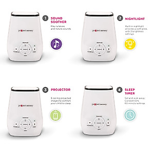 Project Nursery Portable and Table Top Sleep Soother, White Noise Sound Machine and Night Light, 4-in-1 Sound Soother with Projector, Nightlight and Timer