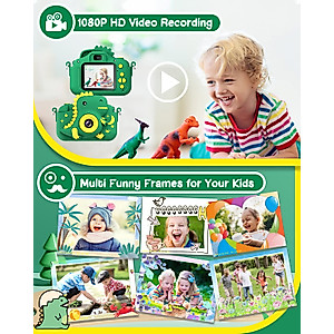 Kids Camera, Dinosaur Toddler Digital Camera for Ages 3-12 Boys Girls Childrens, Christmas Birthday Gifts, Selfie 1080P HD Video Camera for 3 4 5 6 7 8 9 Years Old Boys Girls Toys Gifts