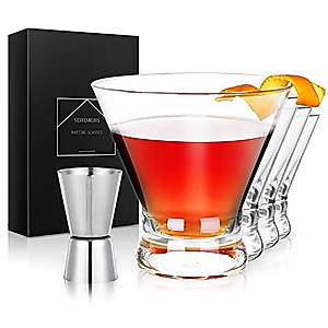VENVENWEAVS Martini Glasses Set of 4,Hand-blown Stemless Crystal Martini Glasses And Bar Jigger in Gift Box,Cocktail Glasses for Cosmopolitan,Manhattan,Gimlet,Martini,Cocktail Party
