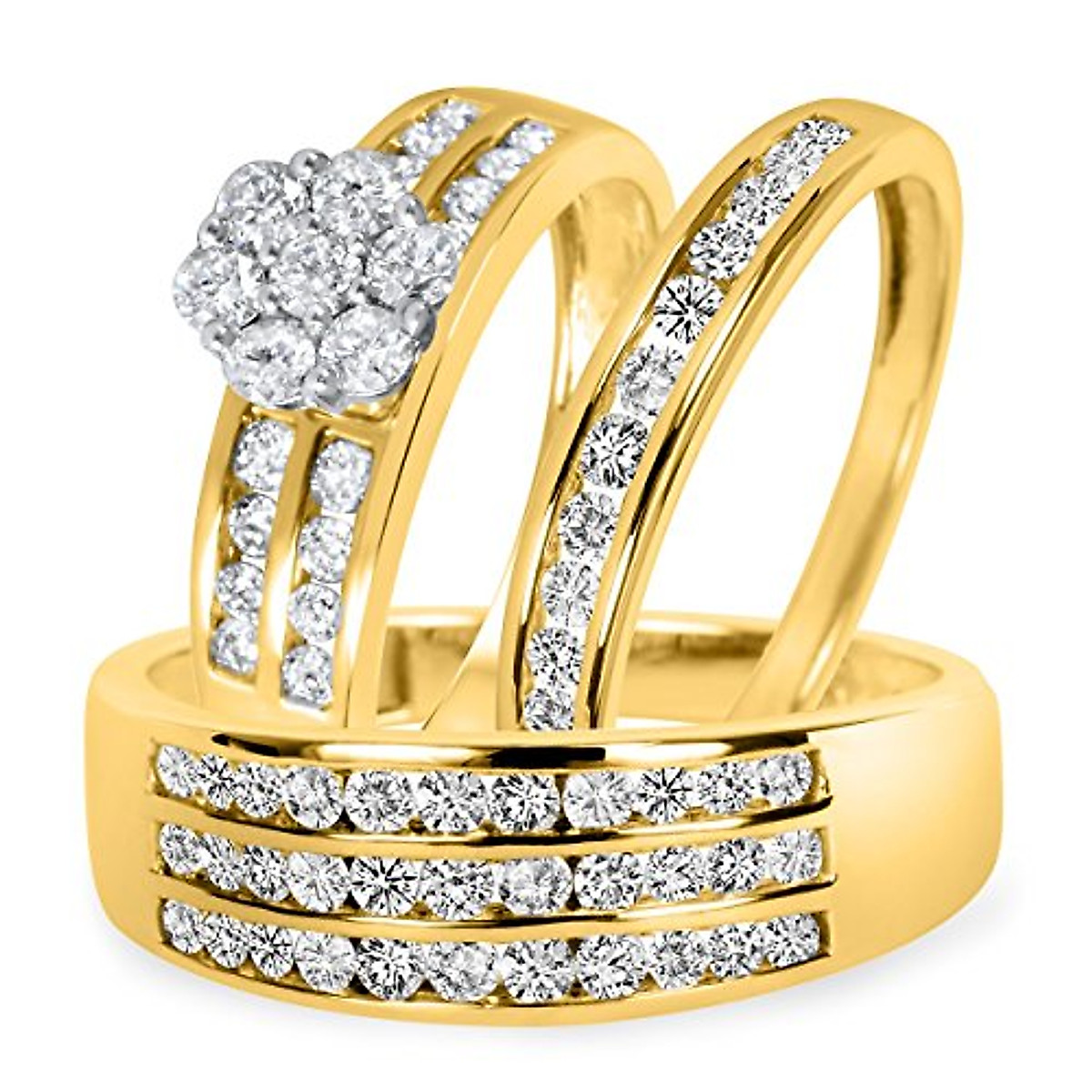 jsjewels 1 1/2 CT. T.W. Diamond Engagement Ring Wedding Trio Set in Solid 14K Yellow Gold Over