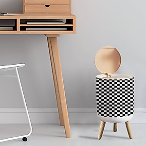 IKFLWJUTFW Small Trash Can with Lid Black and White Checkered Seamless Stock 7 Liter Round Garbage Can Elasticity Press Cover Lid Wastebasket for Kitchen Bathroom Office 1.8 Gallon